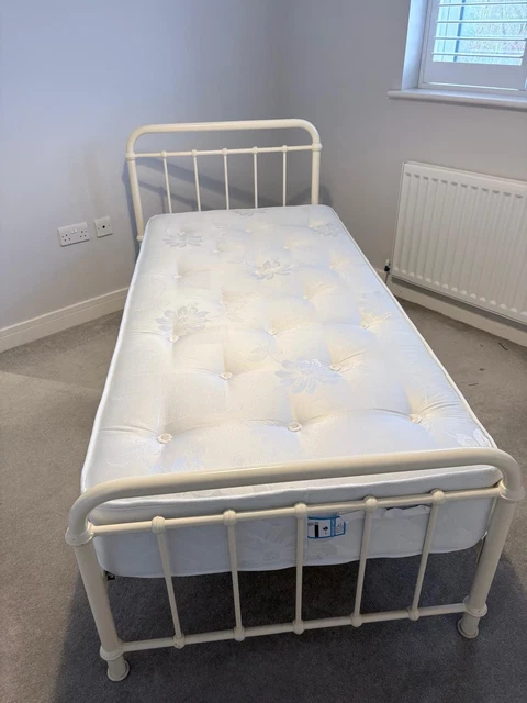 SINGLE METAL WHITE Cream Bed Frame With Orthopaedic Mattress VGC £104. ...