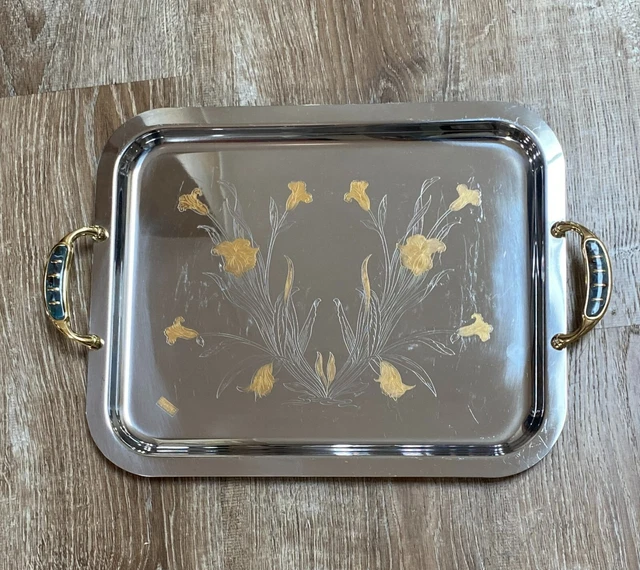 SERVING TRAY INOX 18/10 Floral Golden Etching- Italian £32.23 - PicClick UK