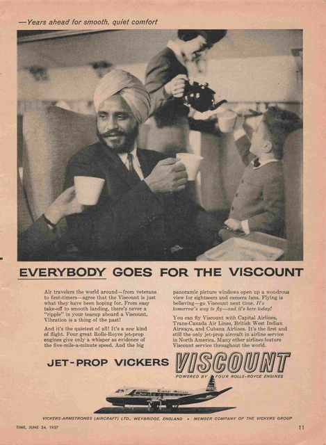 VISCOUNT JET-PROP VICKERS Rolls-Royce Advertisement Full Page Magazine ...