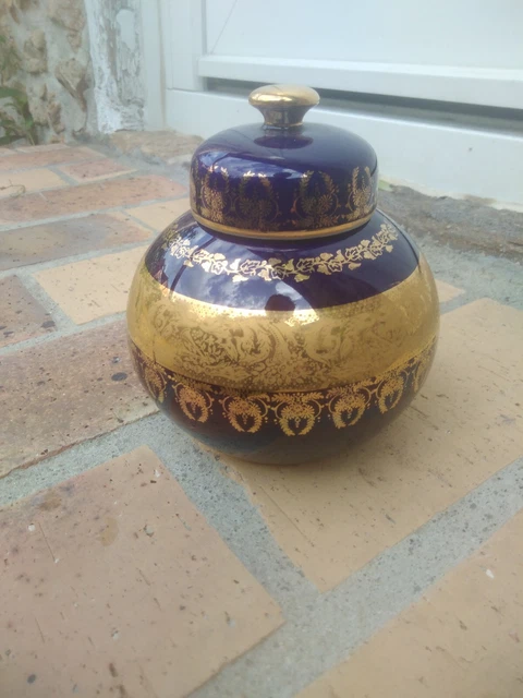 POT EN PORCELAINE de limoges bleu de four double polissage a l'agate ...