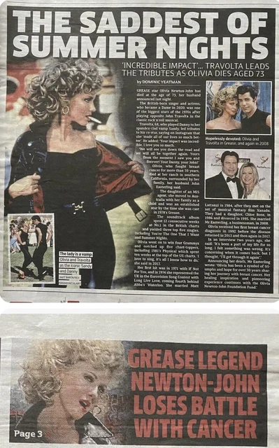 OLIVIA NEWTON-JOHN RIP Death Tribute John Travolta UK News Clipping ...