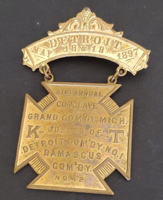 MASONIC KNIGHTS TEMPLAR Medal 1897 Detroit Damascus Lodge 41st Annual ...