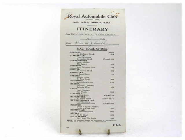 VINTAGE ROYAL AUTOMOBILE Club RAC Itinerary route map Huddersfield to ...