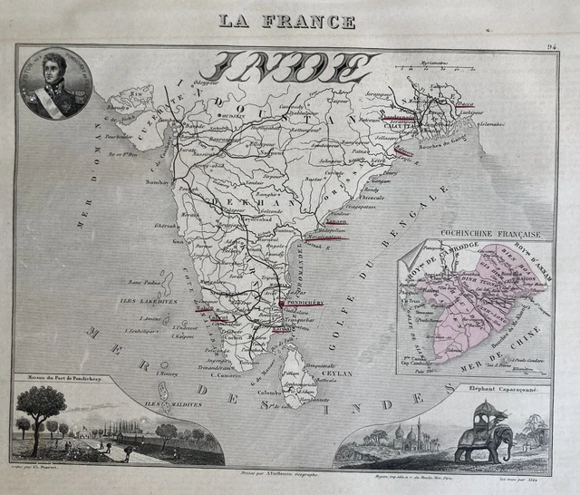 GRAVURE CARTE INDE Cochinchine Pondichéry Saigon 1881 Vuillemin ...