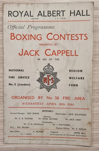 ROYAL ALBERT HALL Boxing Programme National Fire Service 1944 Eric Boon ...