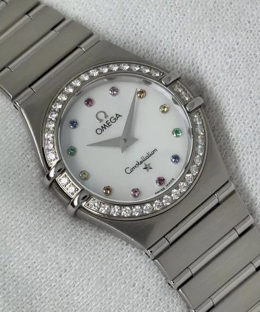 OMEGA CONSTELLATION LADIES Watch Diamond Bezel Rainbow Iris MOP Dial ...