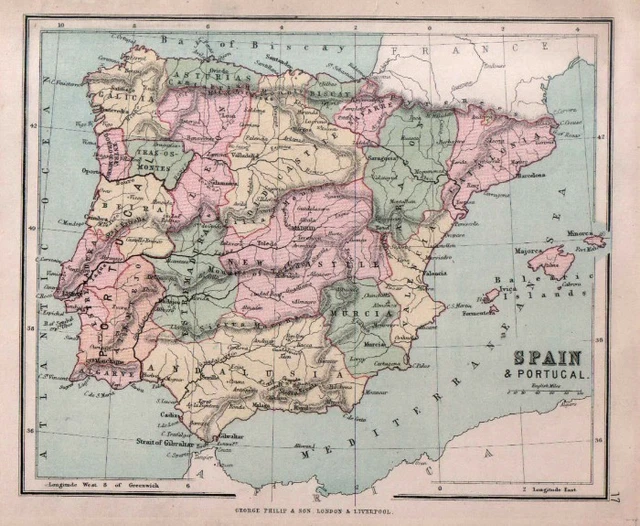 CARTA GEOGRAFICA ANTICA SPAGNA Spain PORTOGALLO Portugal Hughes 1878 ...