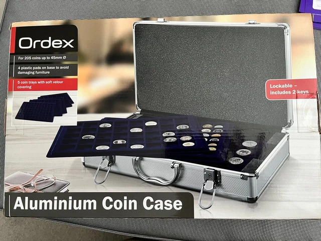 ORDEX ALUMINIUM LOCKABLE coin case. Holds 205 coins Up To 45mm. 5 Velour Trays. £34.99 - PicClick UK