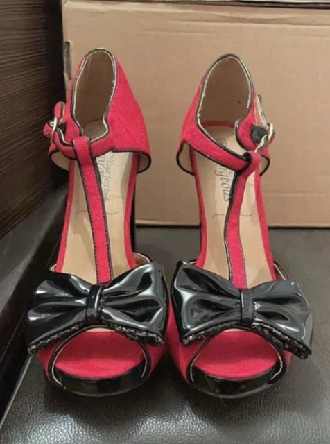 BNWT NEW LOOK Red Peep Toes Black Bow UK 6 EU 39 Retro Vintage Unworn ...