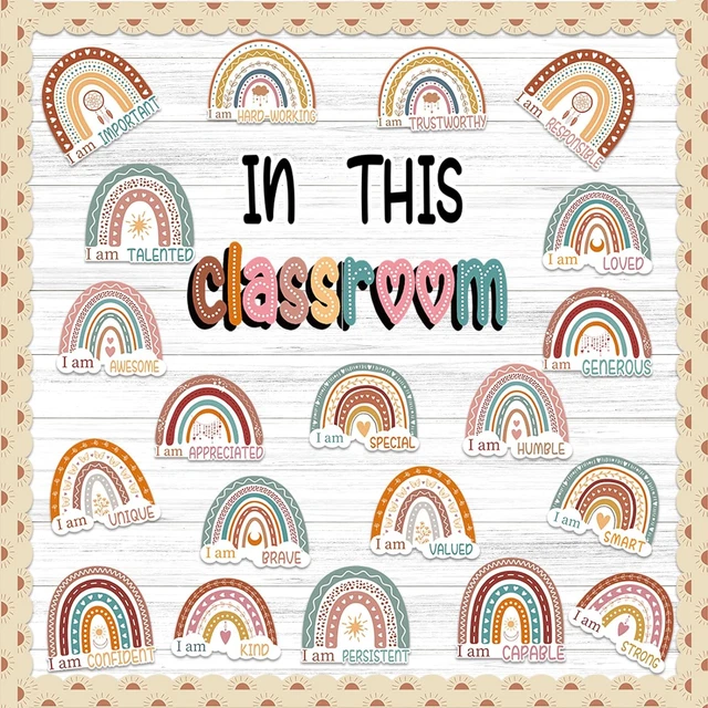 BULLETIN BOARD DECORATIONS, Boho Classroom Decor Set, 43 Pack Boho ...