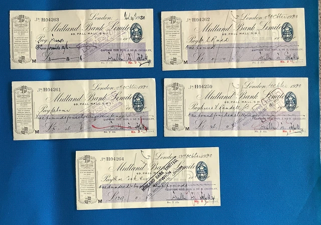 VINTAGE MIDLAND BANK Cheques 1920/30s London Pall Mall Branch See ...