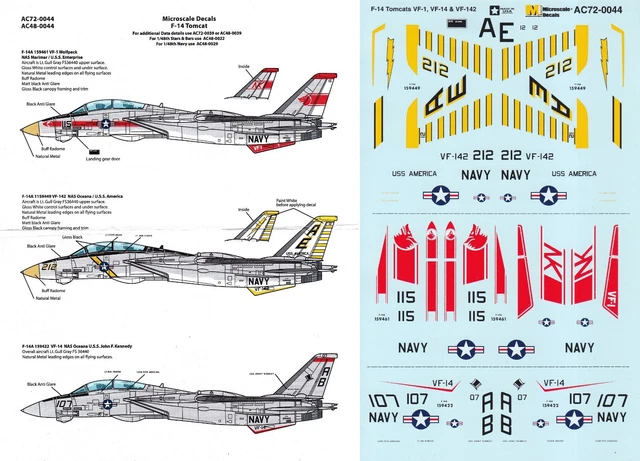 MICROSCALE DECALS 1/72 F-14A Tomcat VF-1 Wolfpack VF-14 VF-142 ...