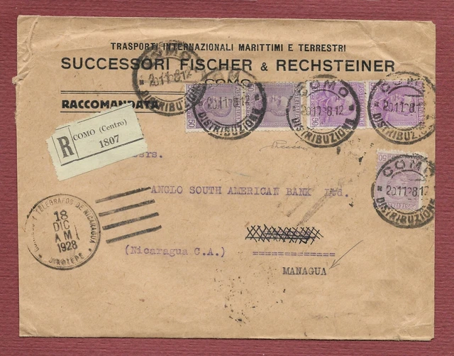BUSTA STORIA POSTALE Regno raccomandata per Nicaragua 2 colori 1928 ...