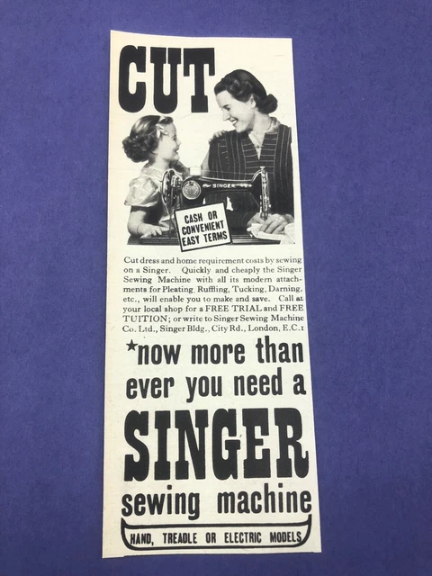 SINGER SEWING MACHINE 1940 WW2 Small Ad Cutting Ephemera 2 EUR 3,78 ...