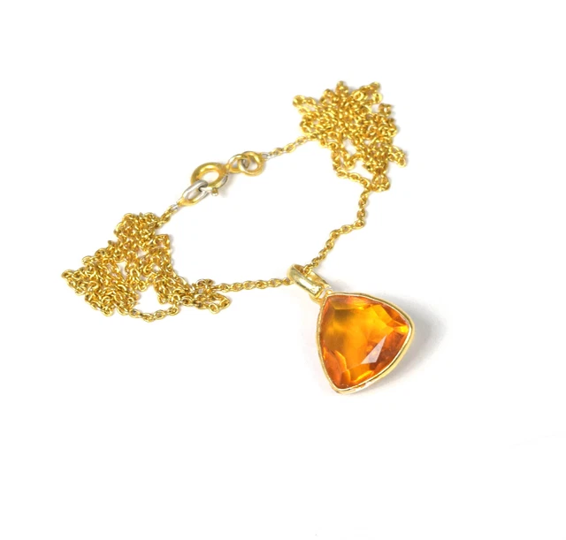 925 STERLING SILVER 24ct Gold Overlay Cut Honey Quartz Chain Pendant ...