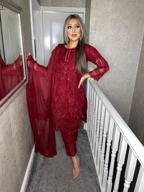 3PC MAROON EMBROIDERED Shalwar Kameez with NET dupatta Stitched Suit ...