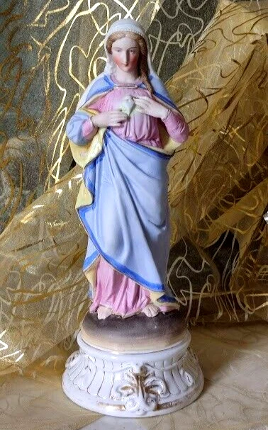STATUE SAINTE VIERGE Marie Sacre Coeur Porcelaine Biscuit Andenne ...