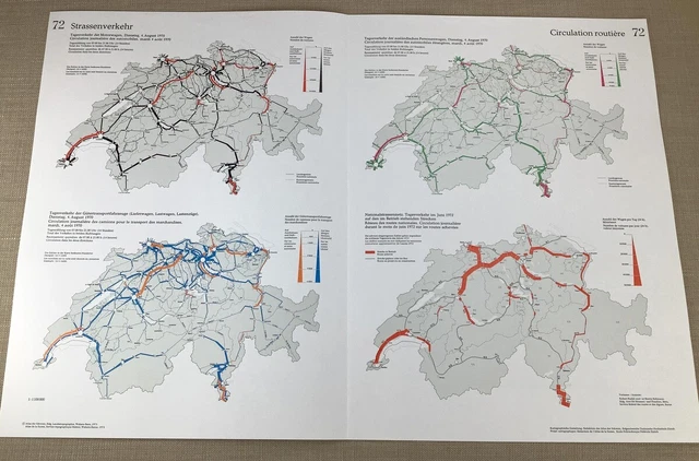 1978 LARGE VINTAGE Map of Switzerland Swiss Transport Travel Networks ...