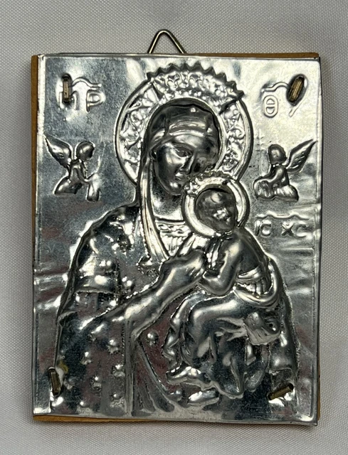 VINTAGE ORTHODOX WHITE METAL Byzantine ICON VIRGIN MARY WITH CHILD ...