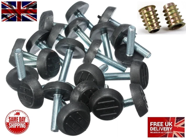 ADJUSTABLE FURNITURE FEET M6 M8 Screws Leveling Foot & Insert Nuts £2. ...