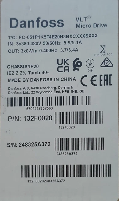 DANFOSS VLT 132F0020 1.5KW 2.0HP Micro Drive P/N: 132F0020 £239.00 ...