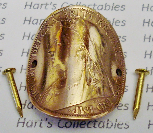 VINTAGE WALKING STICK Badge Queen Victoria Genuine Old Head Penny Pre ...