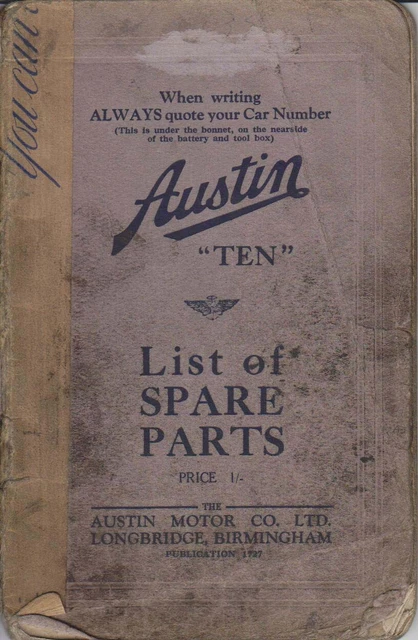 AUSTIN TEN ORIGINAL illustrated Spare Parts List 1938 Pub. No 1727 ...