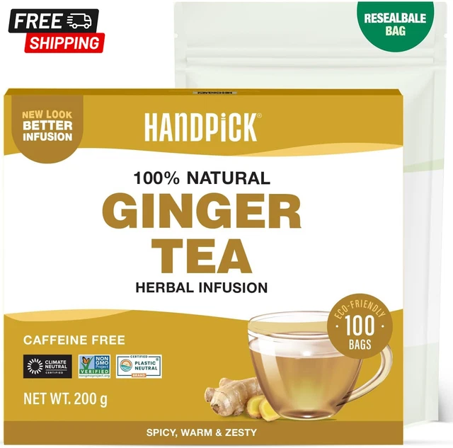 HANDPICK, GINGER TEA Bags (100 Herbal Tea Bags) 100% Pure Ginger Root ...