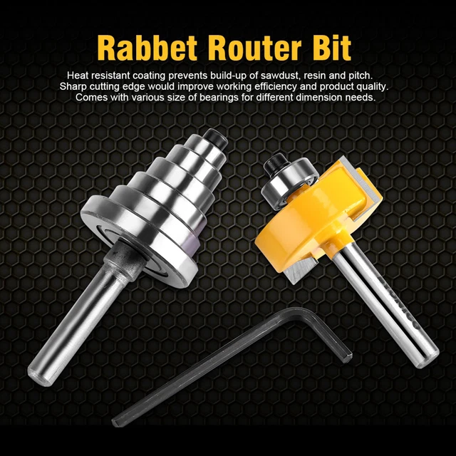 1/4-INCH SHANK RABBET Router Bit 7 Bearings Set For Solid Wood Particle ...