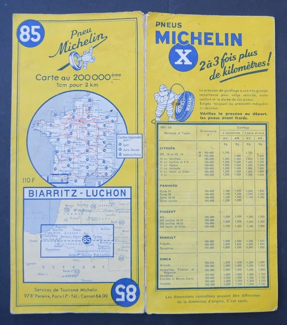 CARTE MICHELIN OLD map n°85 BIARRITZ LUCHON 1958 Guide Bibendum pneu ...