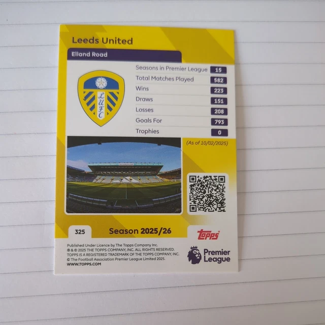 LEEDS UNITED TEAM Badge Topps Premier League 2025/2026 25/26 Crest Logo ...