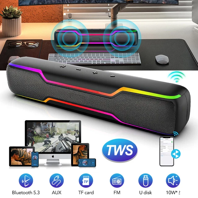 20W RGB BLUETOOTH Computer Speaker Stereo Sound Bar 3.5mm AUX for ...