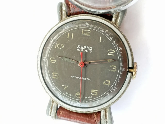 VINTAGE RARE SWISS made military black dial SORNA WATCH 15 rubis fancy ...