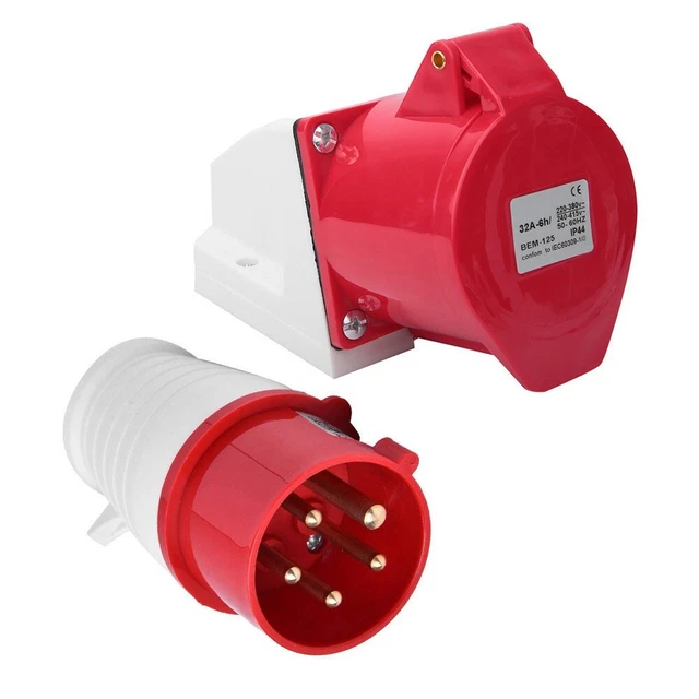 INDUSTRIAL MALE FEMALE Plug Red 3 Phase 32A 5 PIN 415V Wall Mount Inlet ...