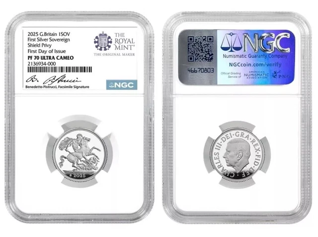 SHIP TODAY 2025 SILVER PROOF SOVEREIGN w/ SHIELD PRIVY FIRST DAY FDOI NGC PF70 £261.45 - PicClick UK