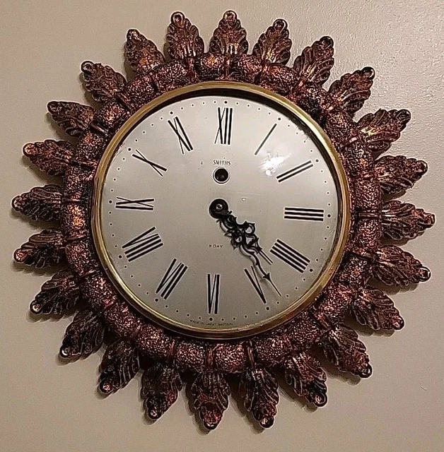 RARE VINTAGE SMITHS Sunburst 8 Day Floating Balance Wheel Wall Clock 13 ...