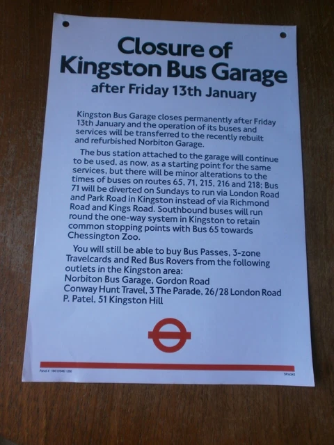 LONDON TRANSPORT BUS Stop Timetable Poster-Closure of Kingston Bus ...