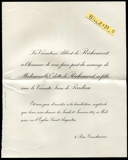 FAIRE PART DE Mariage du Vicomte Jean de Pardieu avec Mlle Odette de ...