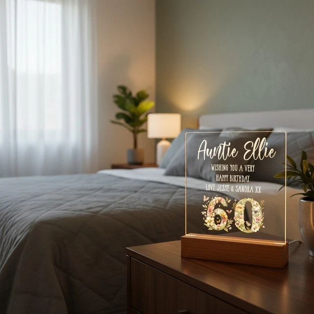 PERSONALISED 60TH BIRTHDAY Gift For Her LED Light With Flowers and ...
