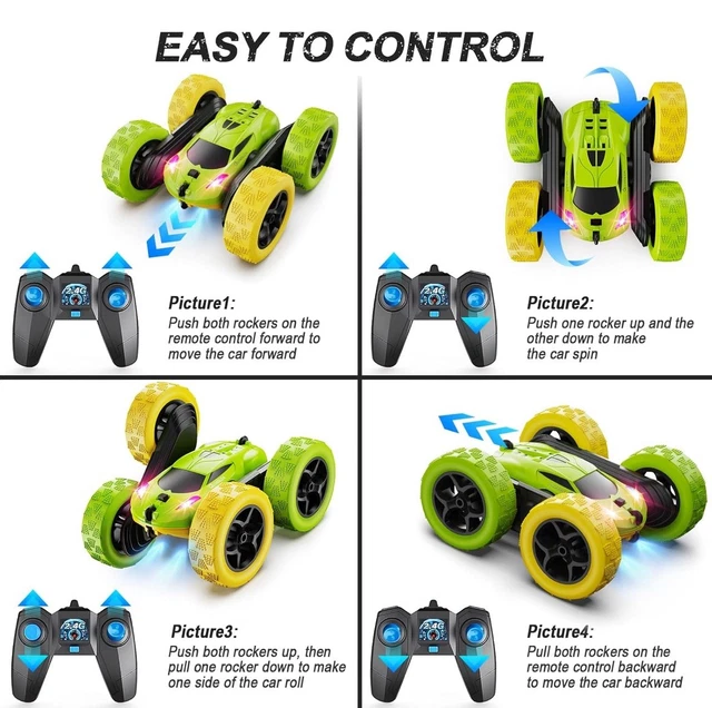 YELLOW & GREEN Remote Control Action Stunt Car Double Sided Rotation ...