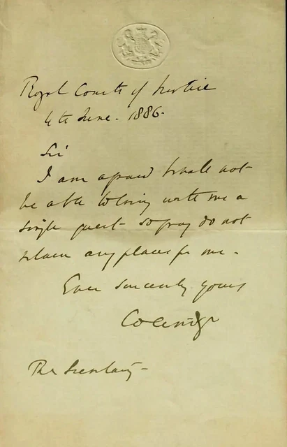 RARE! &1ST BARON Coleridge" John Coleridge Hand Written Letter £193.02 ...