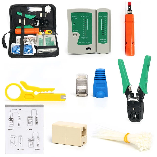 NETWORK CABLE TESTER Crimper Ethernet LAN Kit Crimping Tools Set RJ45 ...