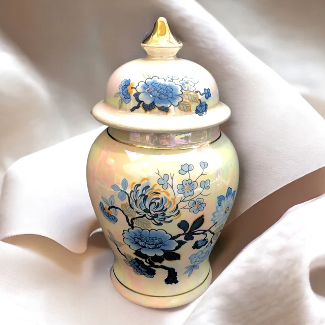 VINTAGE SADLER ENGLAND Lusterware Ginger Jar Temple Jar Urn Blue Floral ...