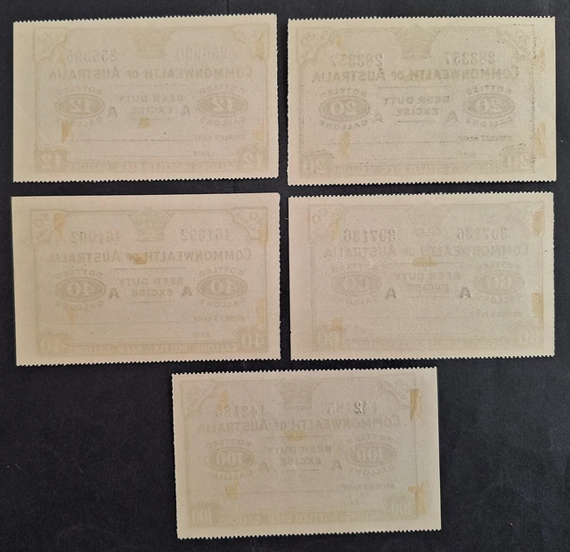 1947 COMMONWEALTH OF Australia 5X BEER DUTY EXCISE Stamps-100 Gal No ...
