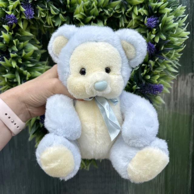 VINTAGE RUSS BERRIE Puffums Teddy Bear Plush Soft Toy Blue Rattle 8.5 ...