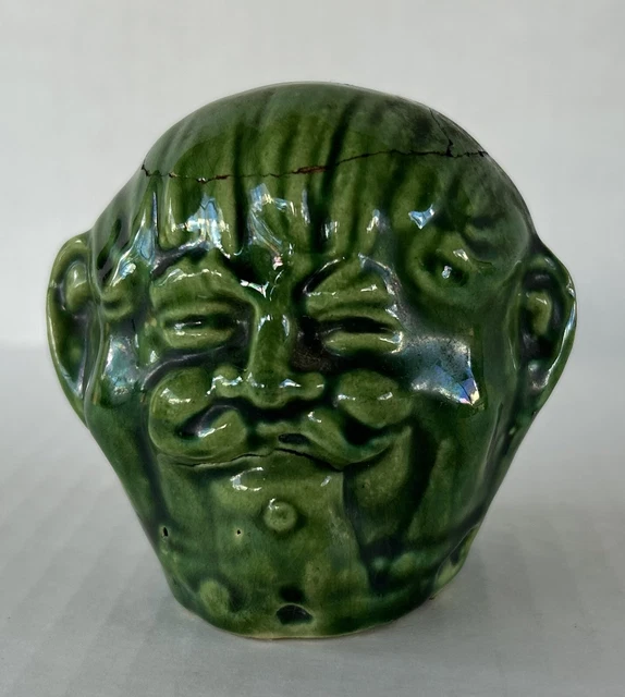 ANTIQUE STONEWARE COIN Bank French Majolica Green Glaze Figural Old Man ...