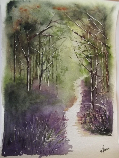 AQUARELLE ORIGINALE SIGNÉE Paysage des Landes "Le petit chemin entre les pins" EUR 15,00 ...