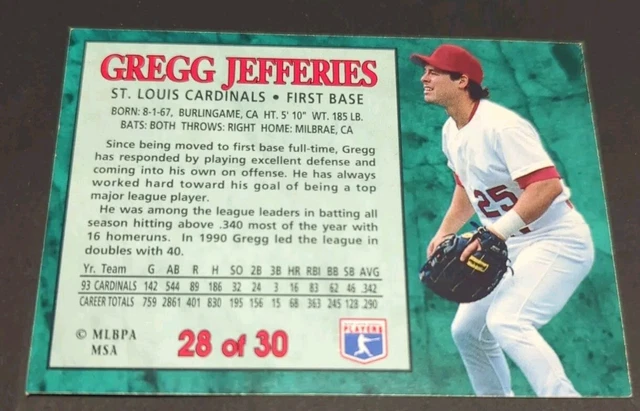 CARTE DE BASEBALL Post Cereal 28 Gregg Jefferies St. Louis Cardinals ...