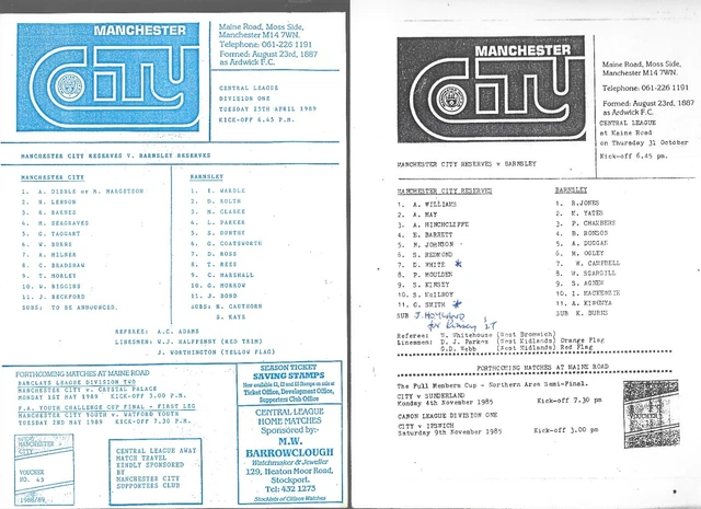 7 X MANCHESTER City v Barnsley Reserve 85/86 to 98-99 team sheets £7.59 ...