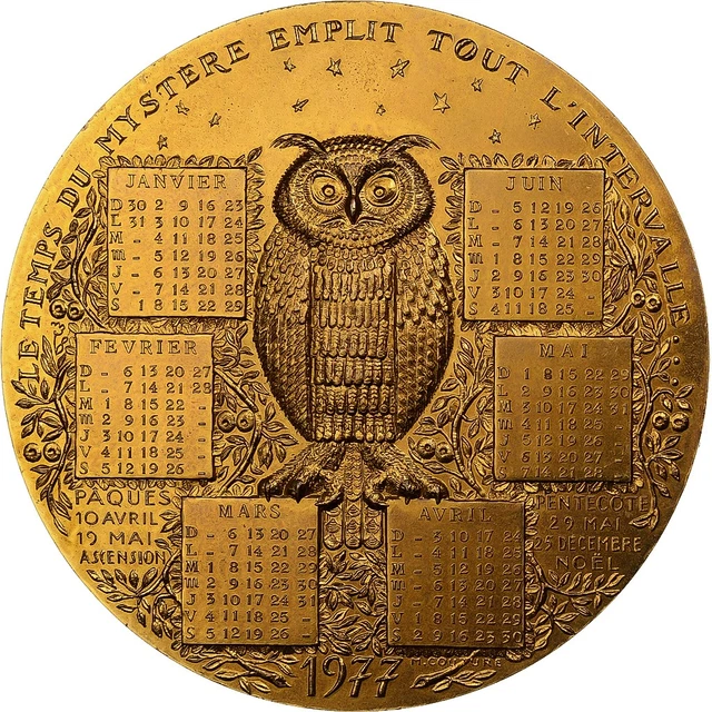 FRANCE, MÉDAILLE, CALENDRIER, La Chouette et le Coq, 1977, Bronze, SUP+ ...